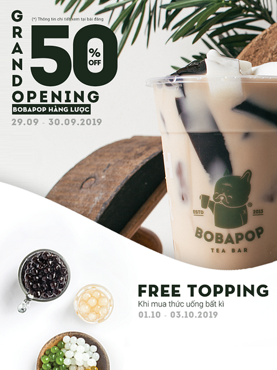 Bobapop giảm 50% toàn menu và tặng topping