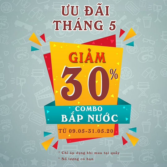 Mega GS Cinemas giảm 30% tất cả các loại combo bắp nước